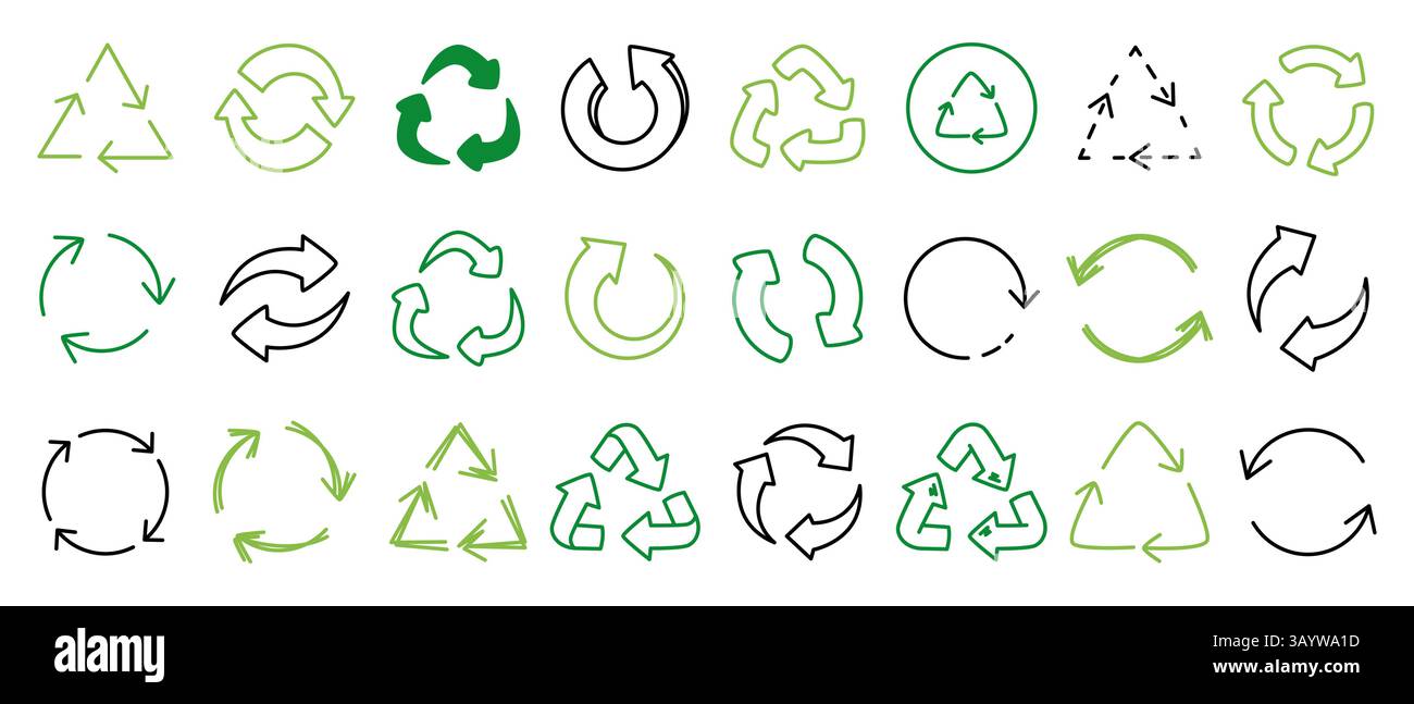 Doodle recycle icons. Reuse sketch arrows circular shapes, recycling elements logo design, eco ...