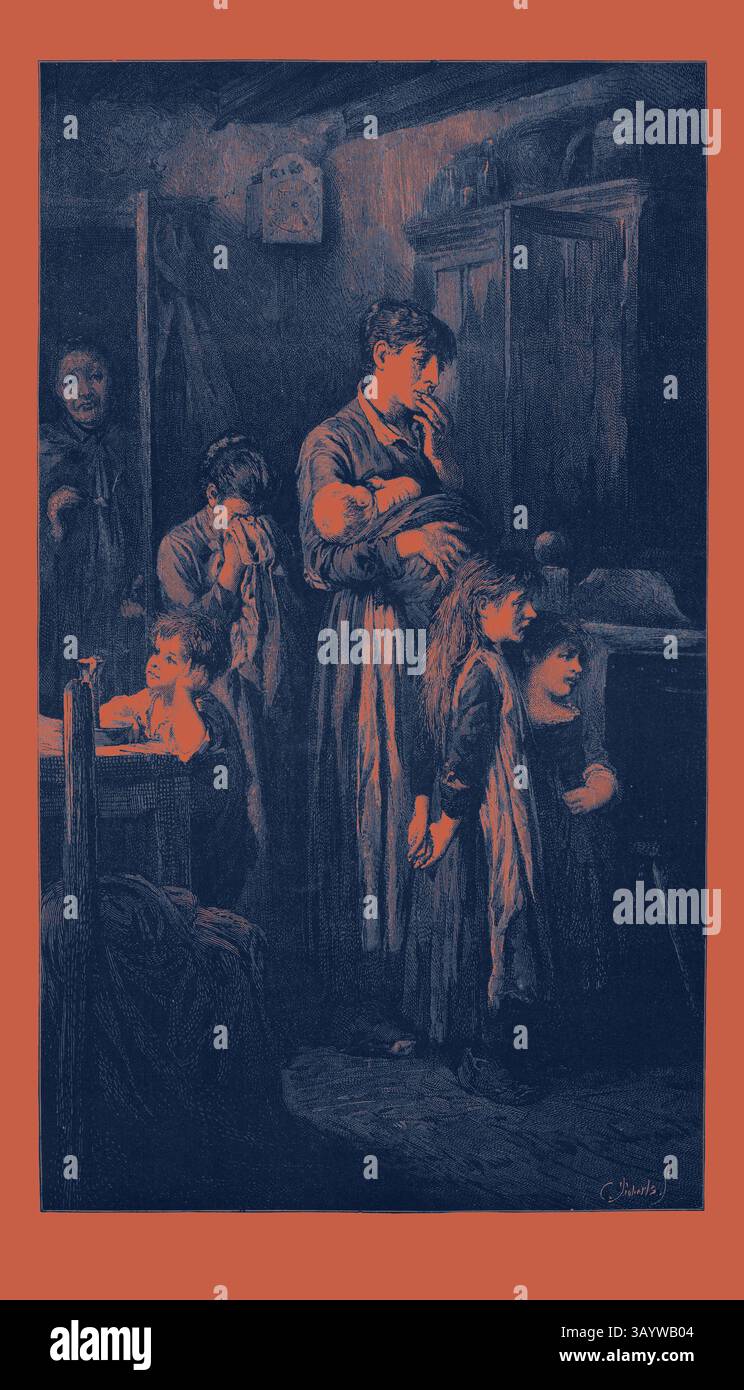 A somber scene depicts a group of children and adults in a dimly lit ...