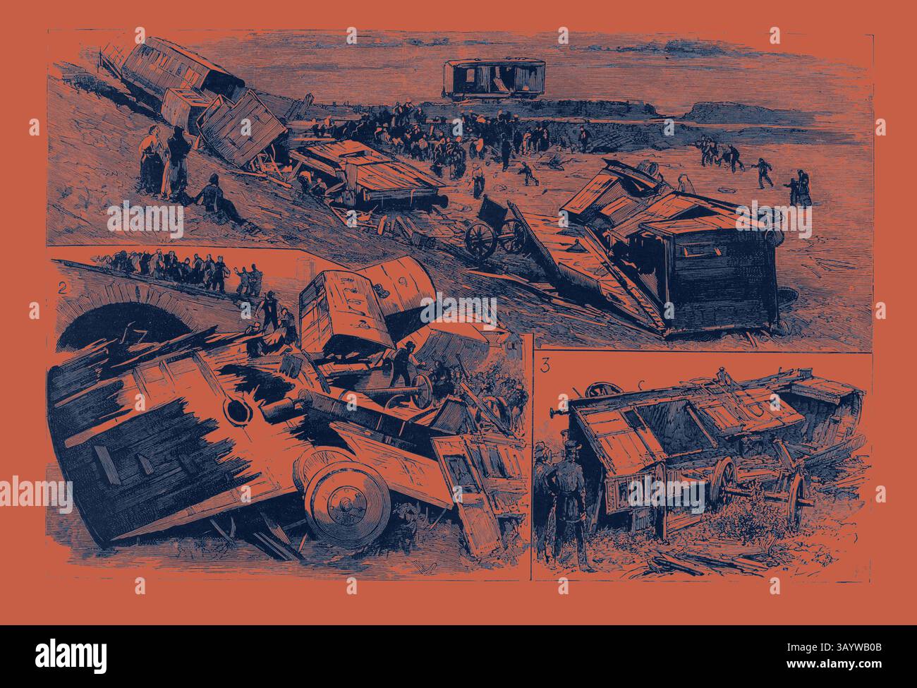 A chaotic scene depicting the aftermath of a train derailment, with ...