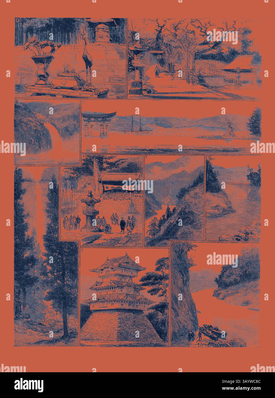 A collection of intricate illustrations depicting serene landscapes ...