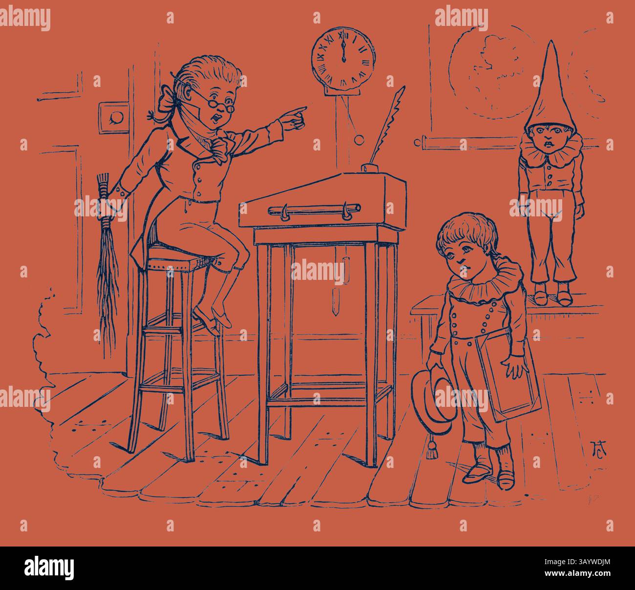 In a whimsical scene, a stern figure on a stool wields a brush while ...