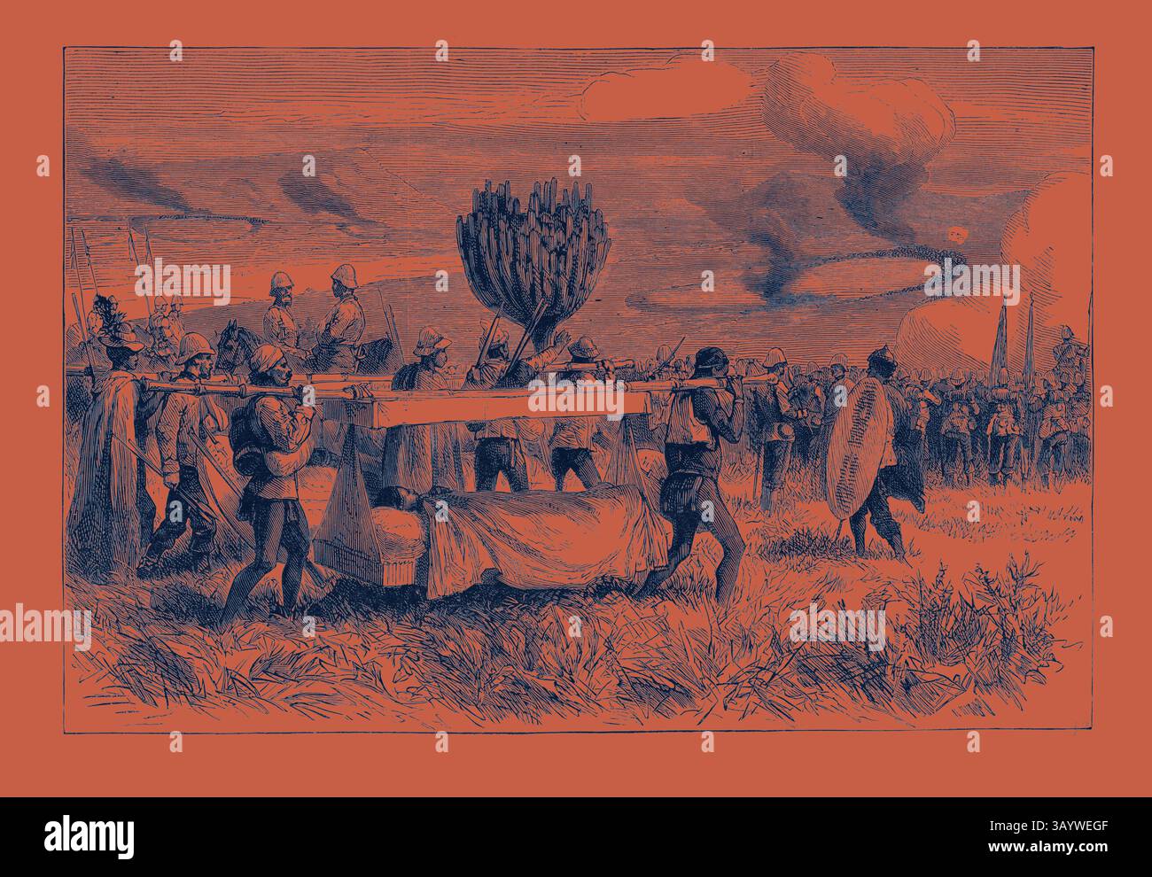 A historical scene depicting a military funeral procession, featuring ...