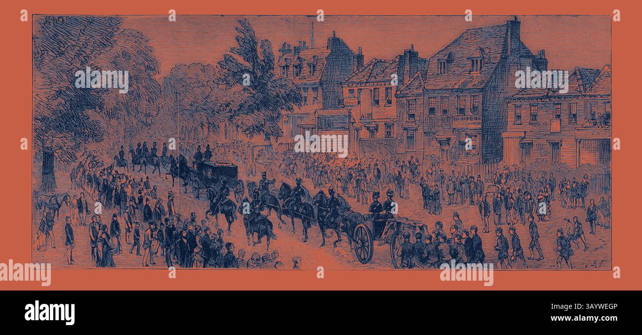 A bustling street scene depicts a large crowd gathered to witness a ...