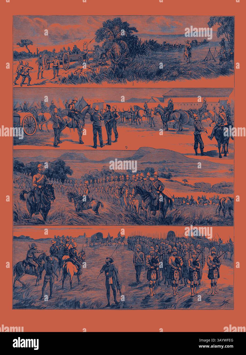 A series of illustrated scenes depicting historical military activities ...