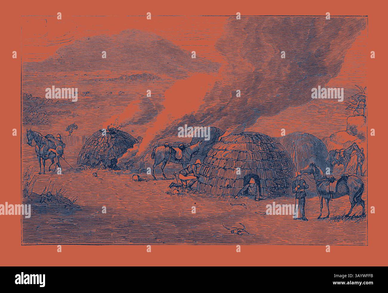 A historical scene depicting a landscape with traditional thatched huts ...