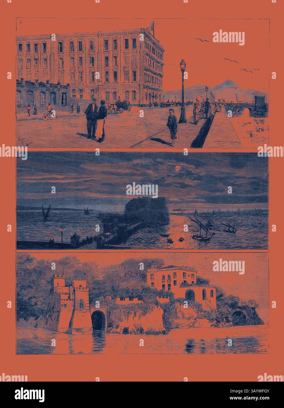 A triptych showcases scenes of coastal life and urban architecture ...