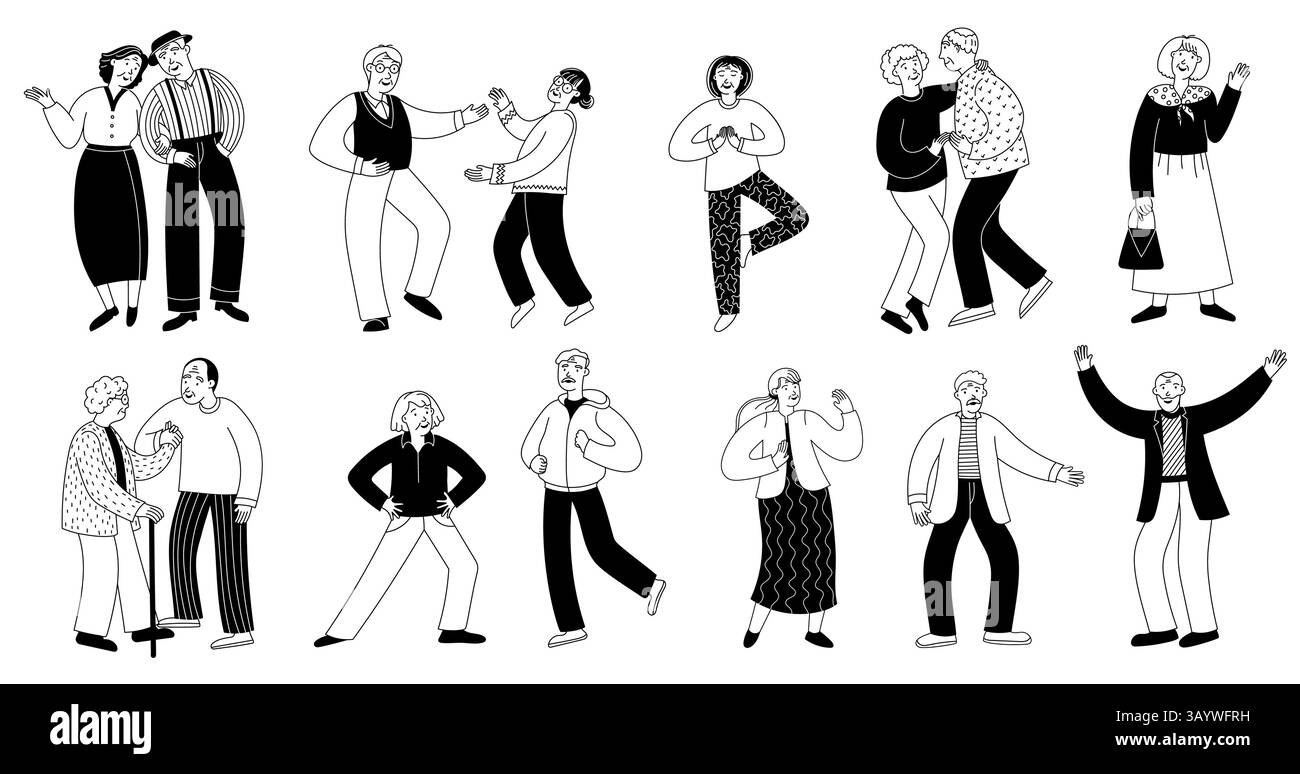 Doodle old people. Senior men women retirement life, happy old people ...