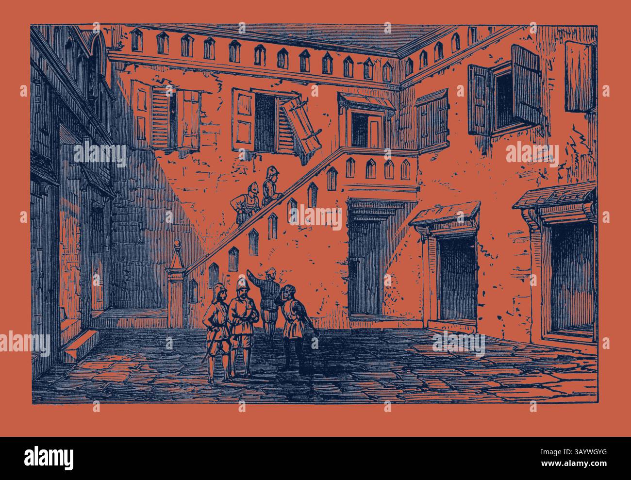 A lively courtyard scene features three figures engaged in conversation ...