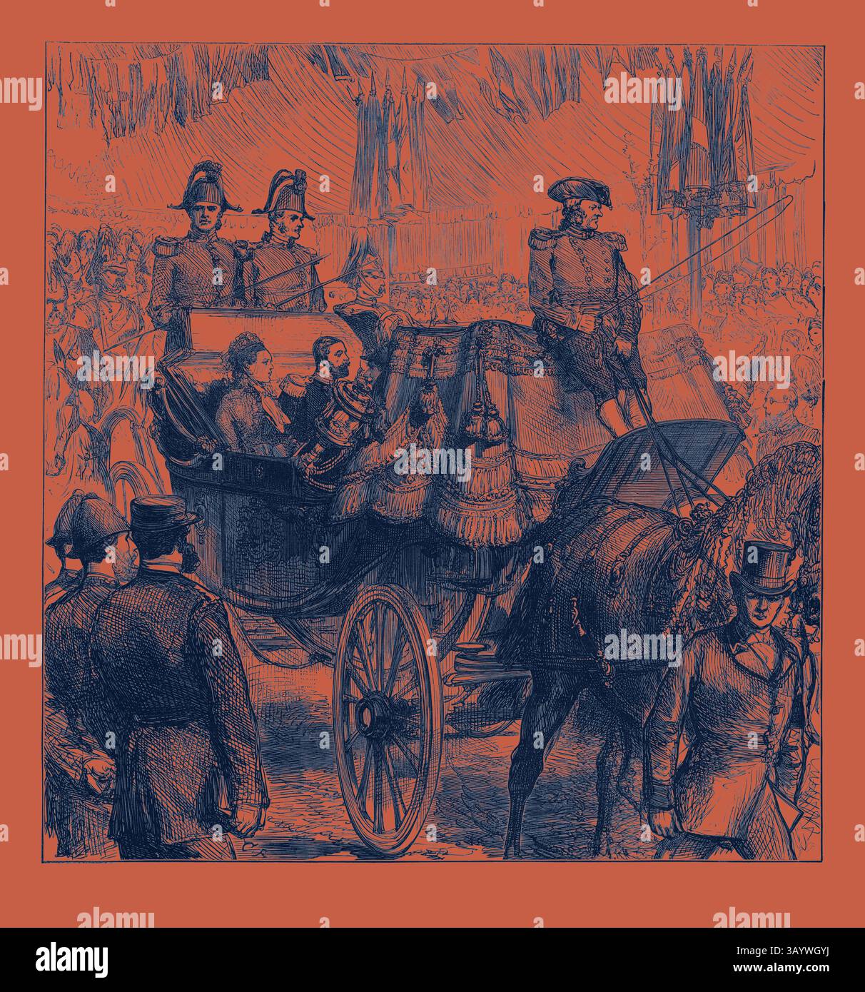 A grand horse-drawn carriage carries dignitaries through a bustling ...