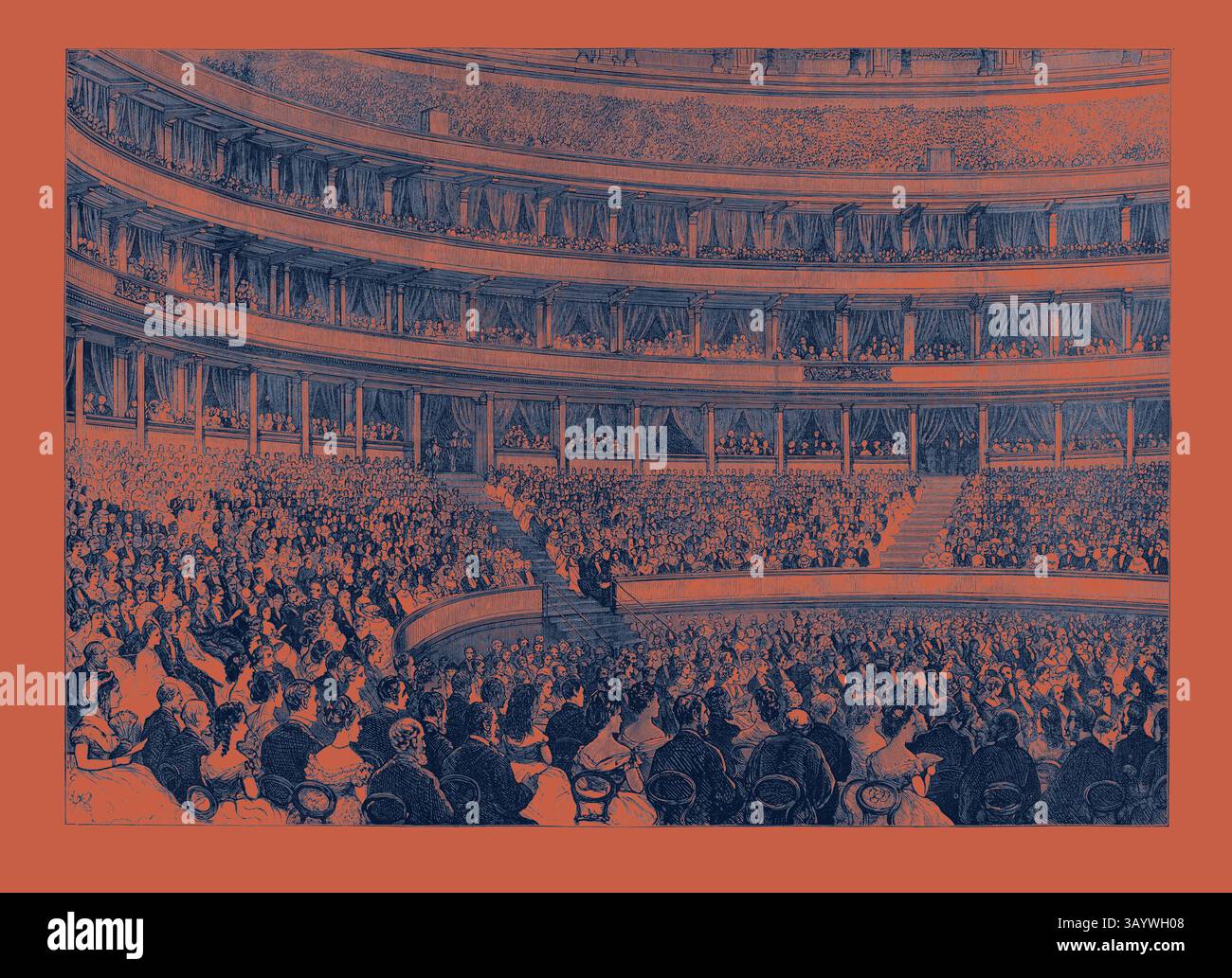 A bustling theater filled with an attentive audience, seated in multi ...