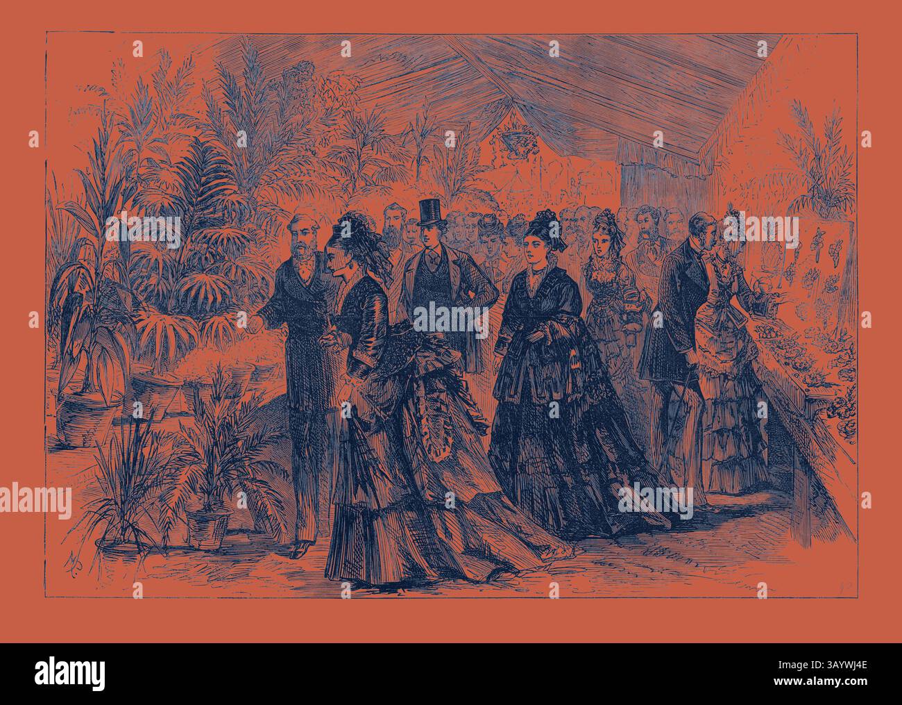 A bustling Victorian exhibition scene showcases elegantly dressed men ...