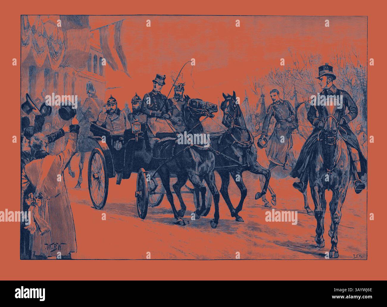 A grand procession featuring elegantly dressed riders and commandeered ...