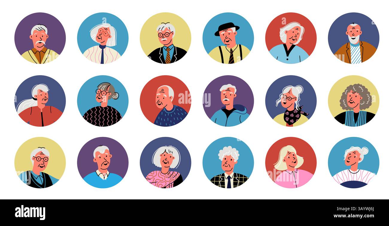 Elderly people avatar. Senior male female face avatars, old grandfather ...