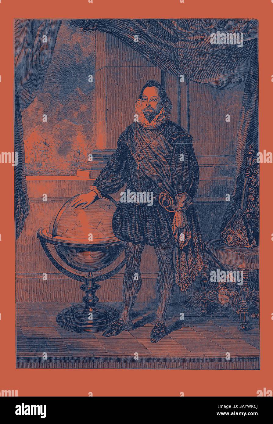 A historical figure stands beside a globe, dressed in elaborate 17th ...