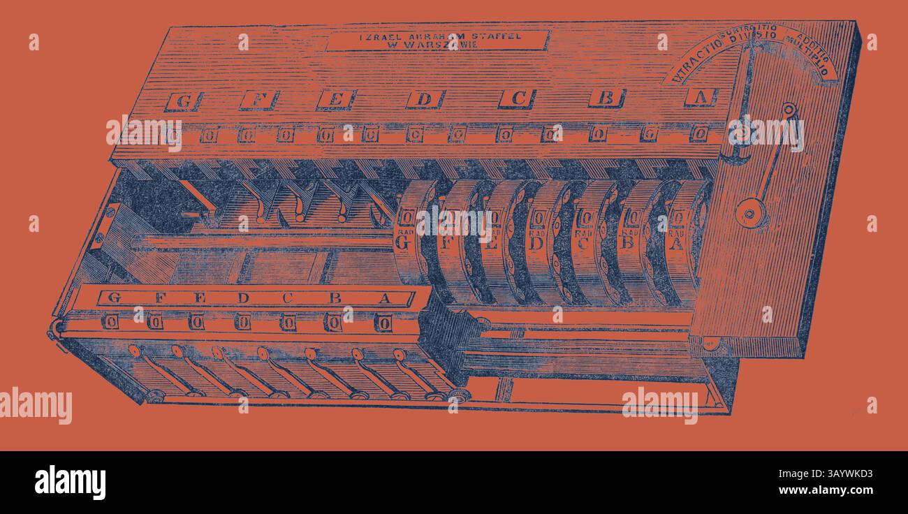 A vintage mechanical device featuring a series of levers and keys ...