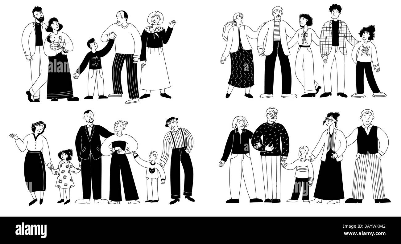 Doodle family people. Elderly persons with children, happy active ...