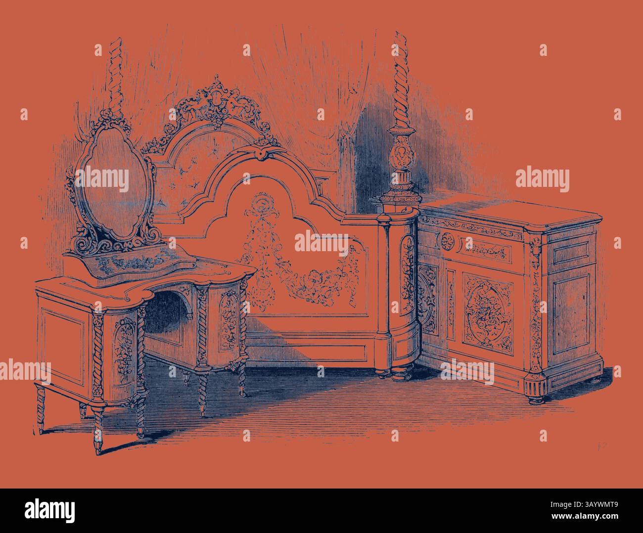 An intricately decorated bedroom set featuring an ornate headboard, a ...