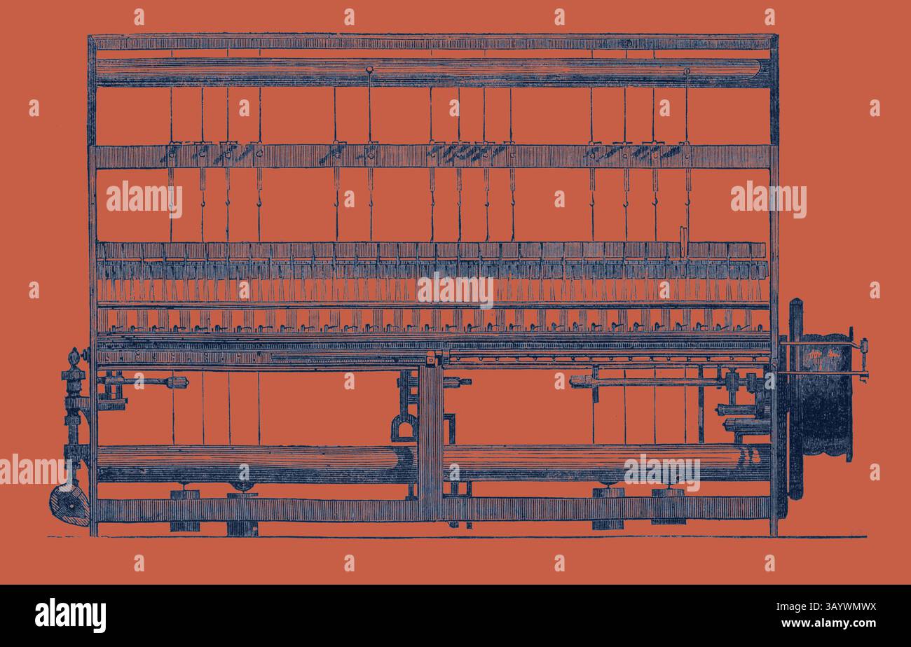 An intricate mechanical loom, featuring a series of interconnected ...