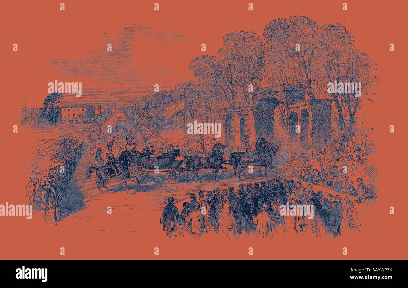 A historical scene depicting a grand procession with horse-drawn ...