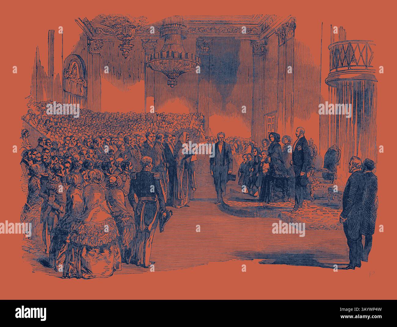 A large gathering in an ornate hall, featuring a speaker addressing an ...