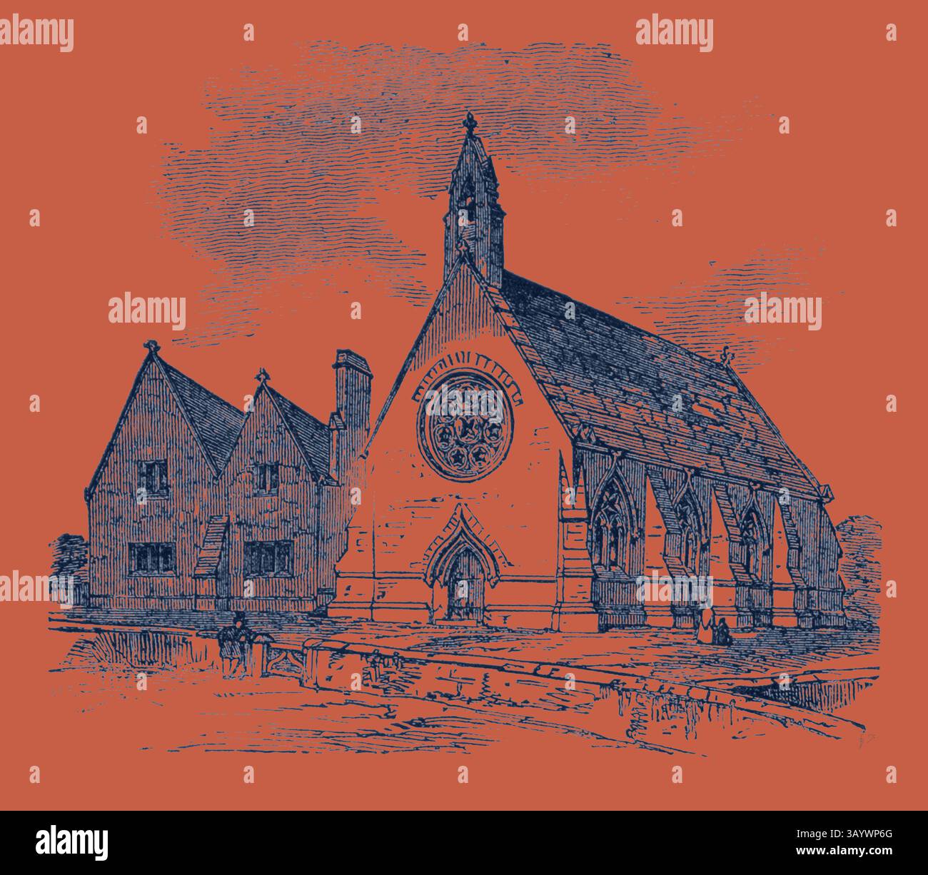 A detailed illustration of a quaint church featuring a prominent rose ...