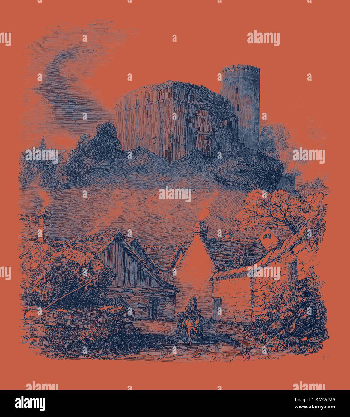 A medieval landscape featuring a towering castle atop a rocky hill ...