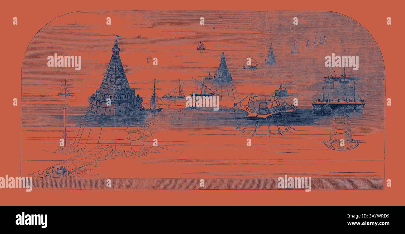 A surreal seascape features whimsical maritime structures, including ...