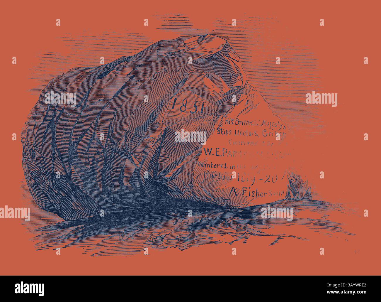 A large rock displays inscriptions from the year 1851, featuring the ...