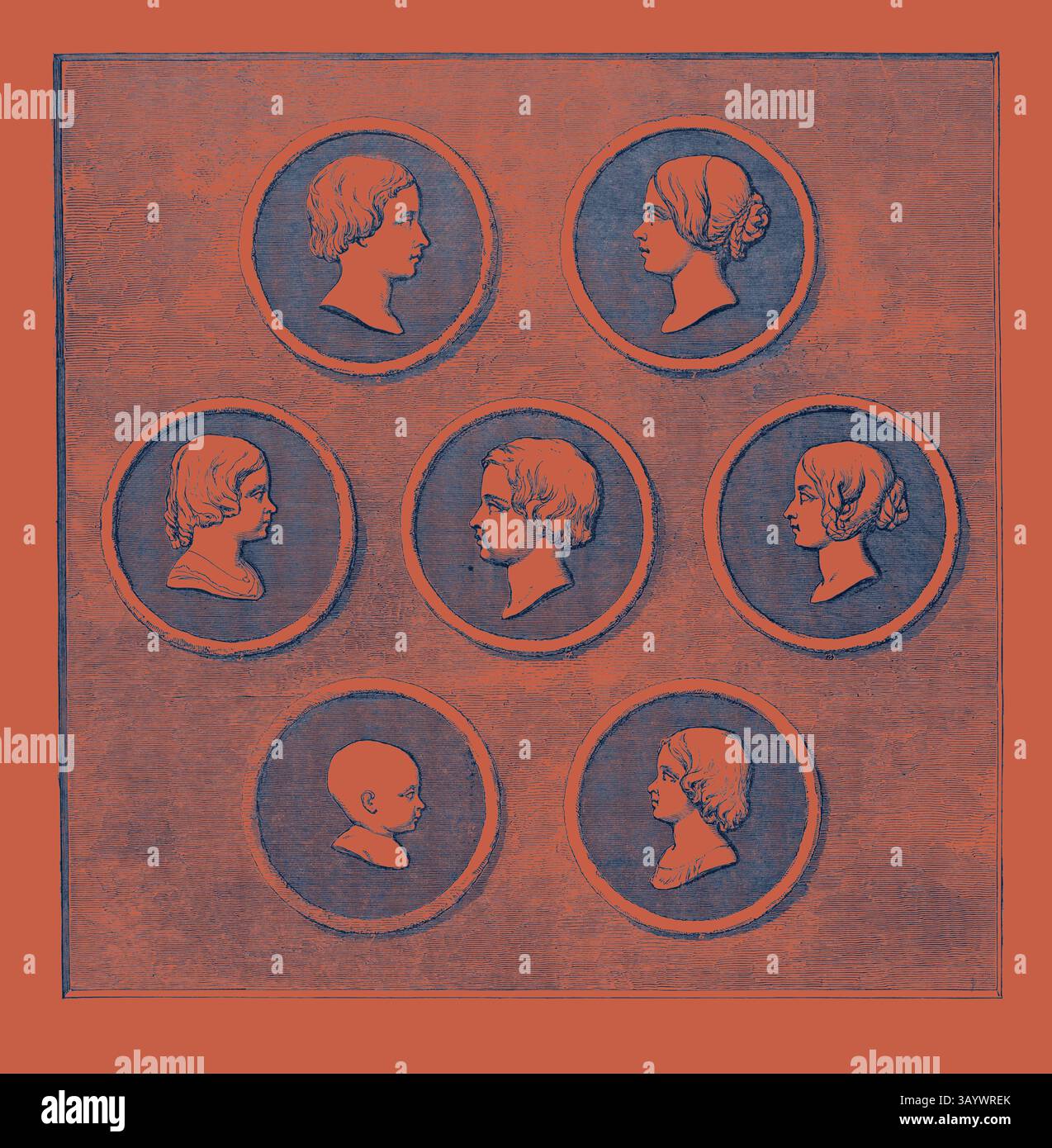 A collection of seven profile portraits displayed in circular frames ...