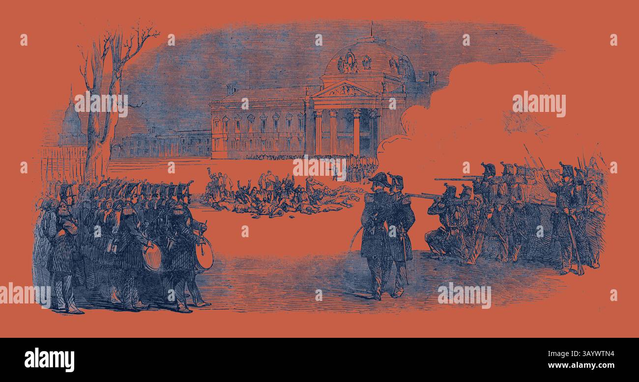 A dramatic scene depicting armed soldiers in formation, facing off ...