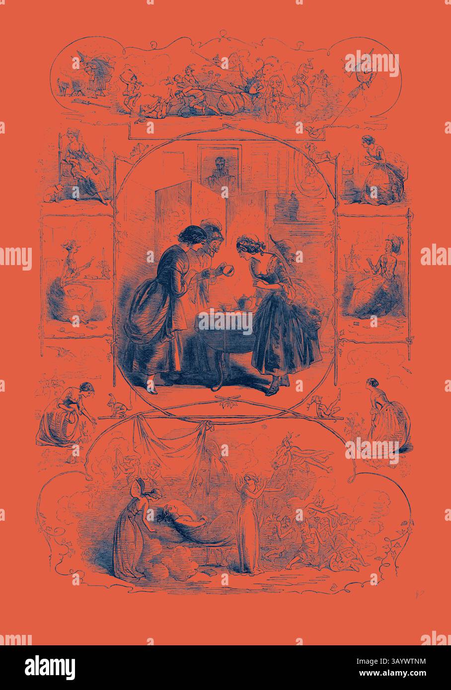 An ornate illustration featuring scenes of domestic life, with two ...