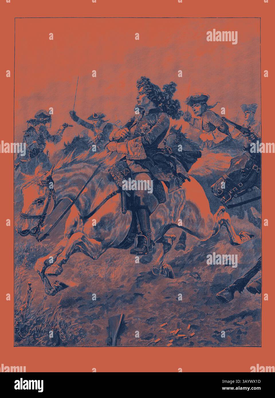 A historical scene depicting a mounted figure in armor leading a charge ...