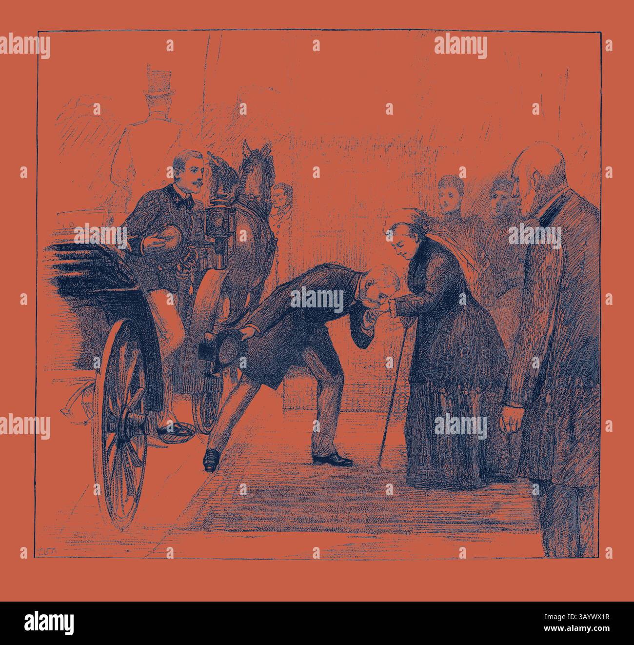 A historical scene depicting a man bowing respectfully to a woman ...