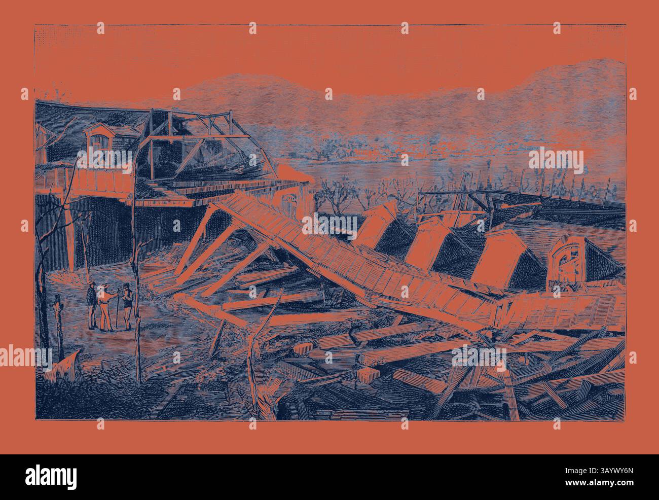 A scene depicting the aftermath of a disaster, showcasing a damaged ...