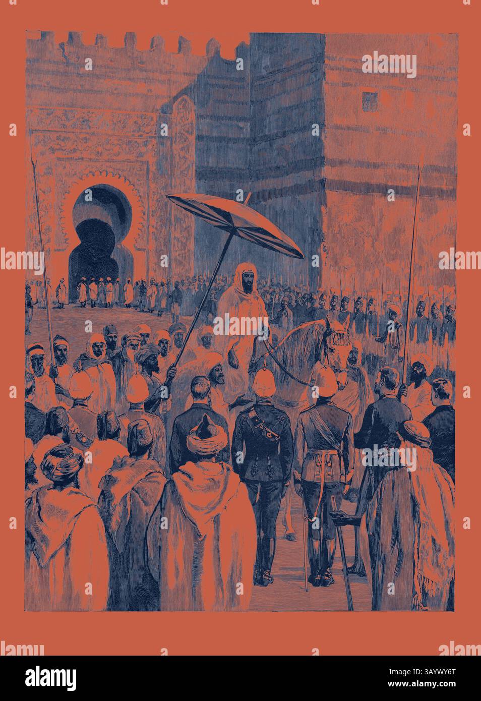 A regal figure on horseback is surrounded by a gathering of soldiers ...