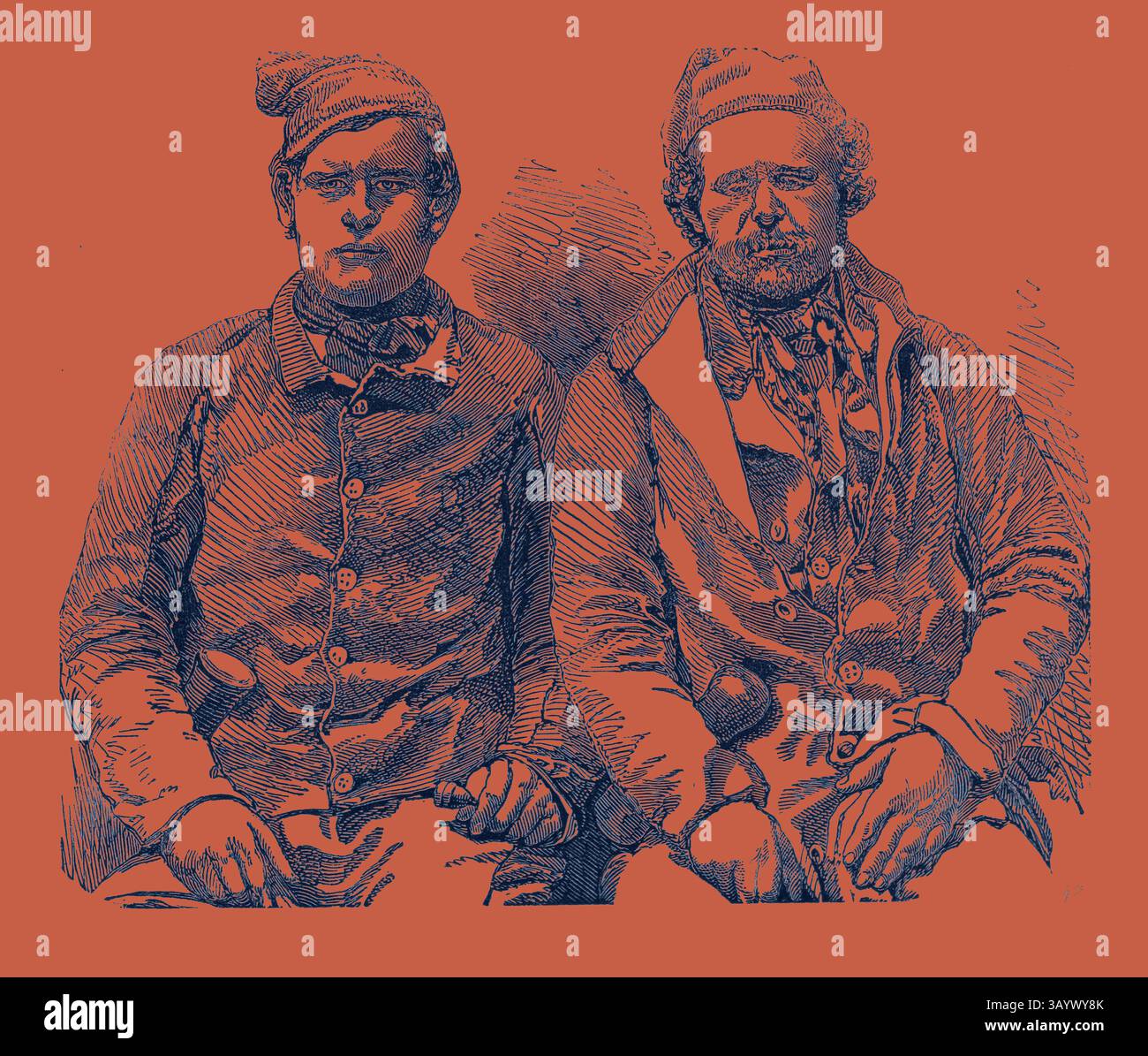 Two solemn men sit closely together, dressed in old-fashioned clothing ...