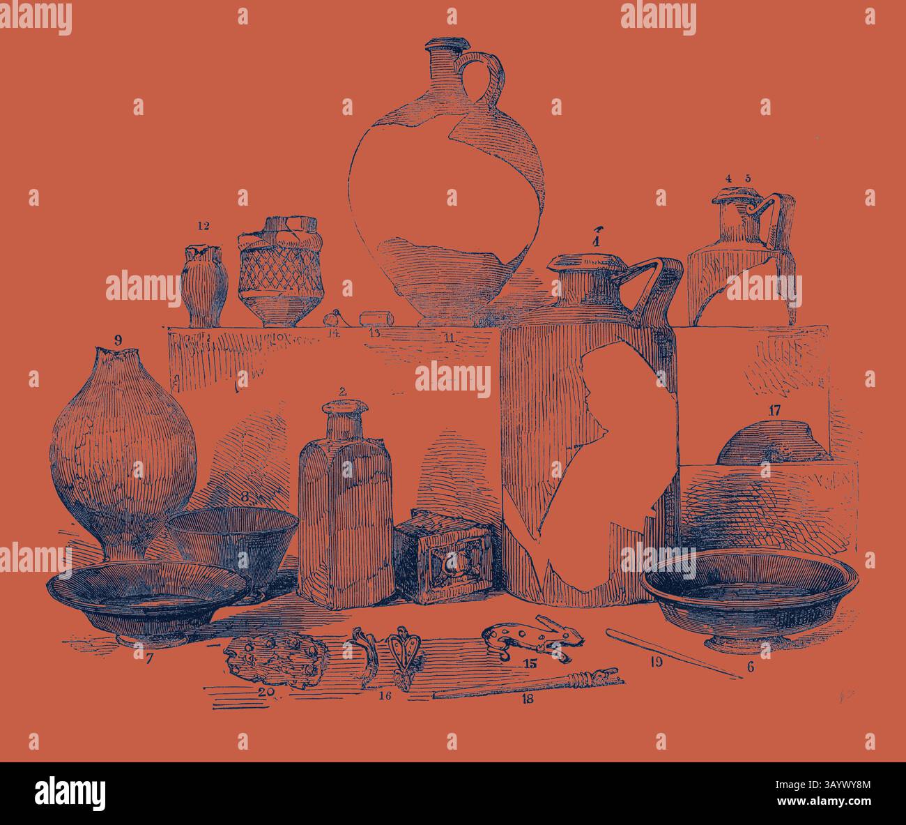 A collection of various ancient pottery and artifacts displayed ...