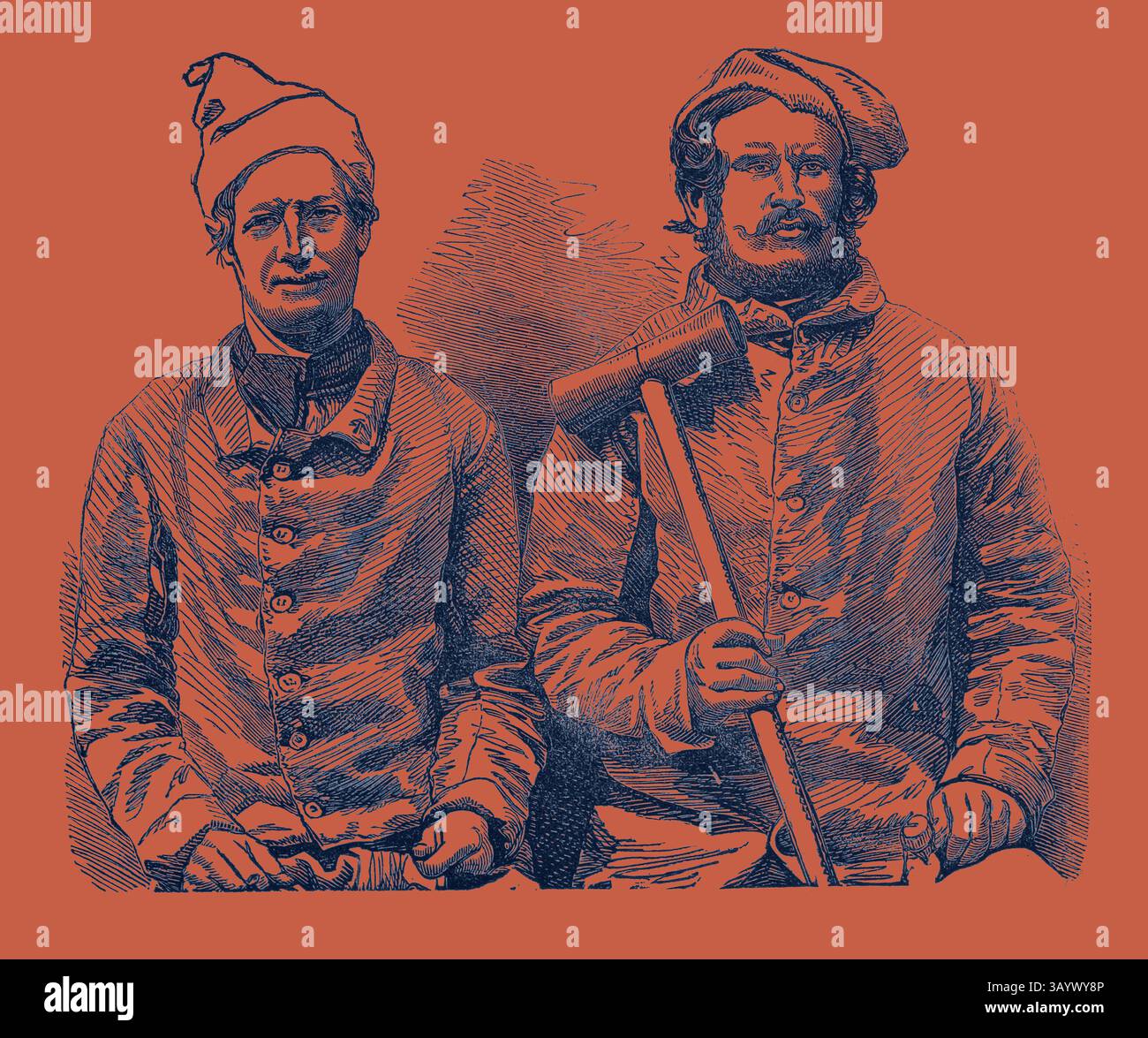 Two men stand side by side, each dressed in vintage work attire. The ...