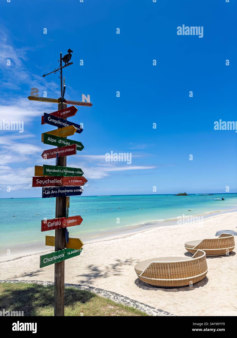 Colorful Directional Sign on Tropical Beach with World Destinations and ...