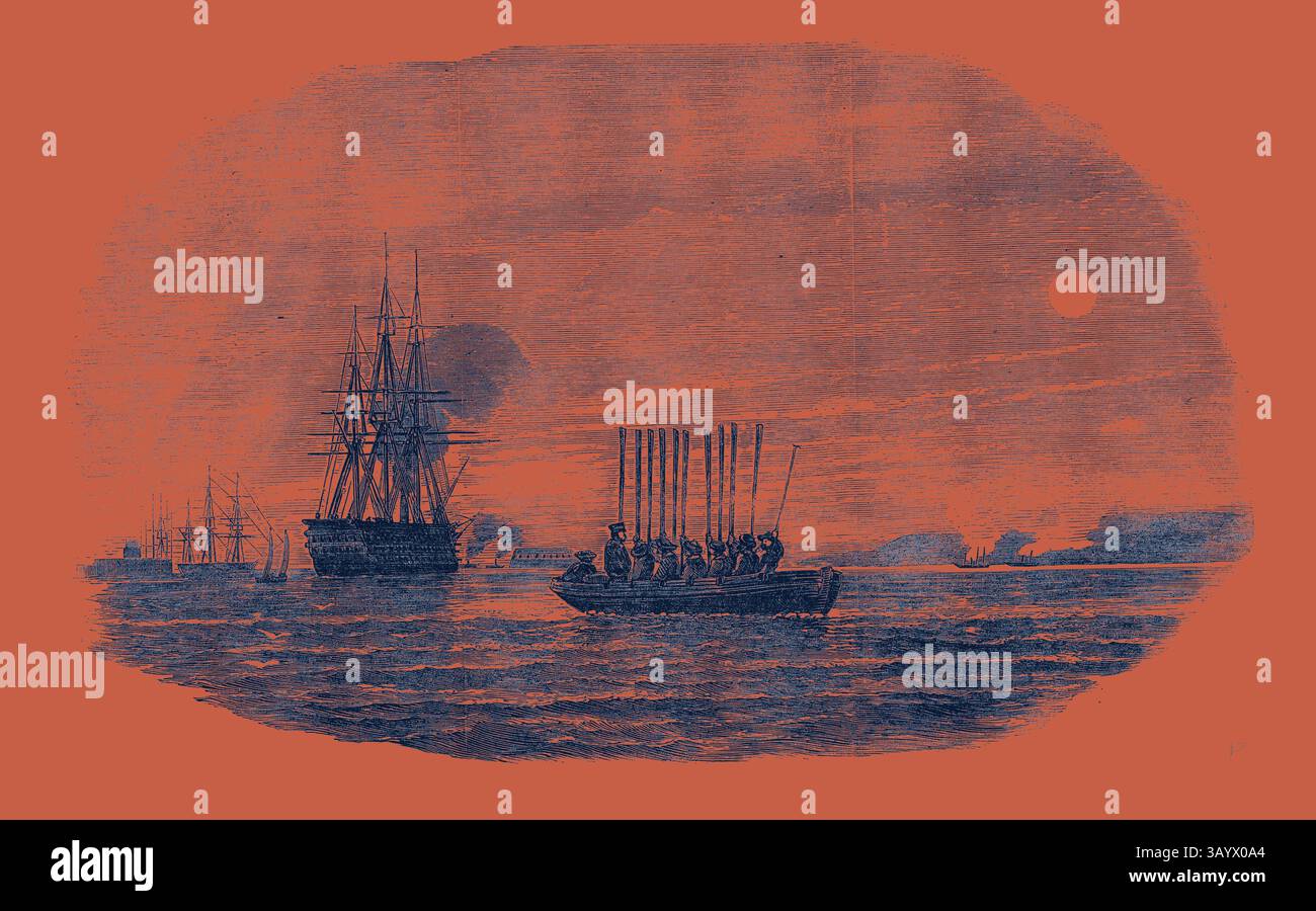 A dramatic seascape depicting ships sailing on the water, with one ...