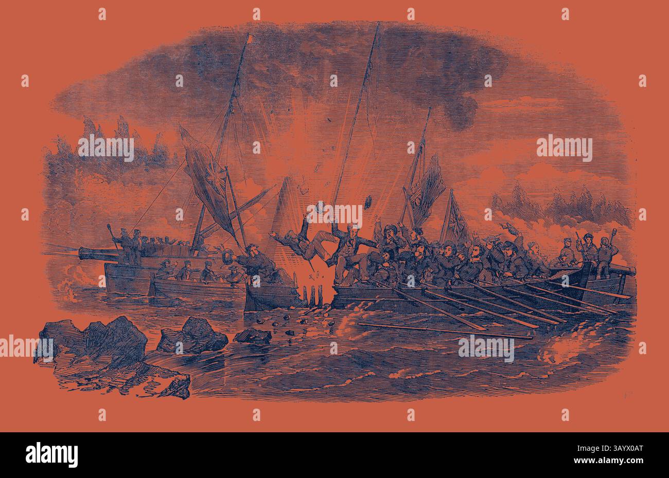 A dramatic scene depicting a naval battle, with ships navigating ...