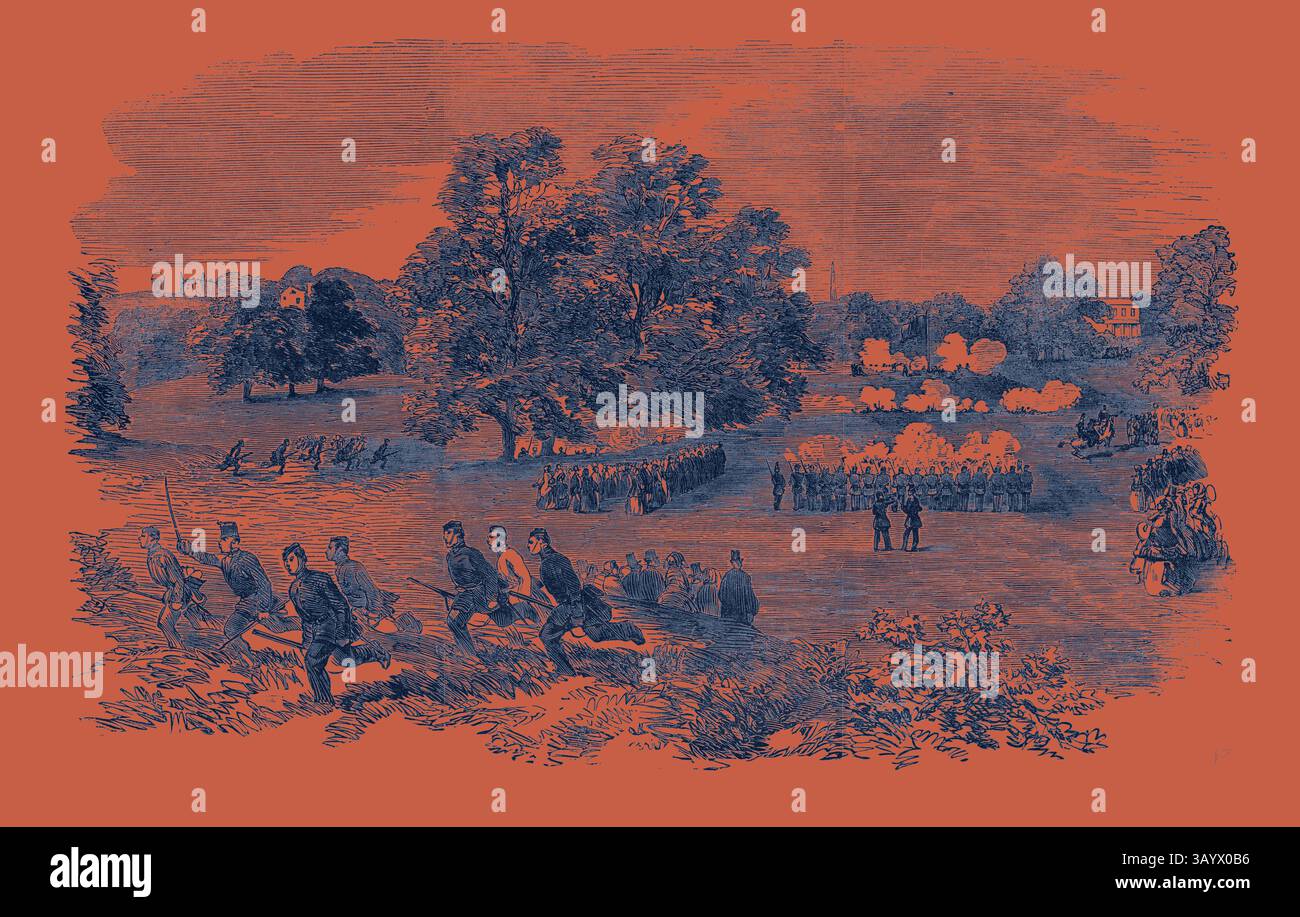 A historic military scene depicts soldiers engaged in training or drill ...