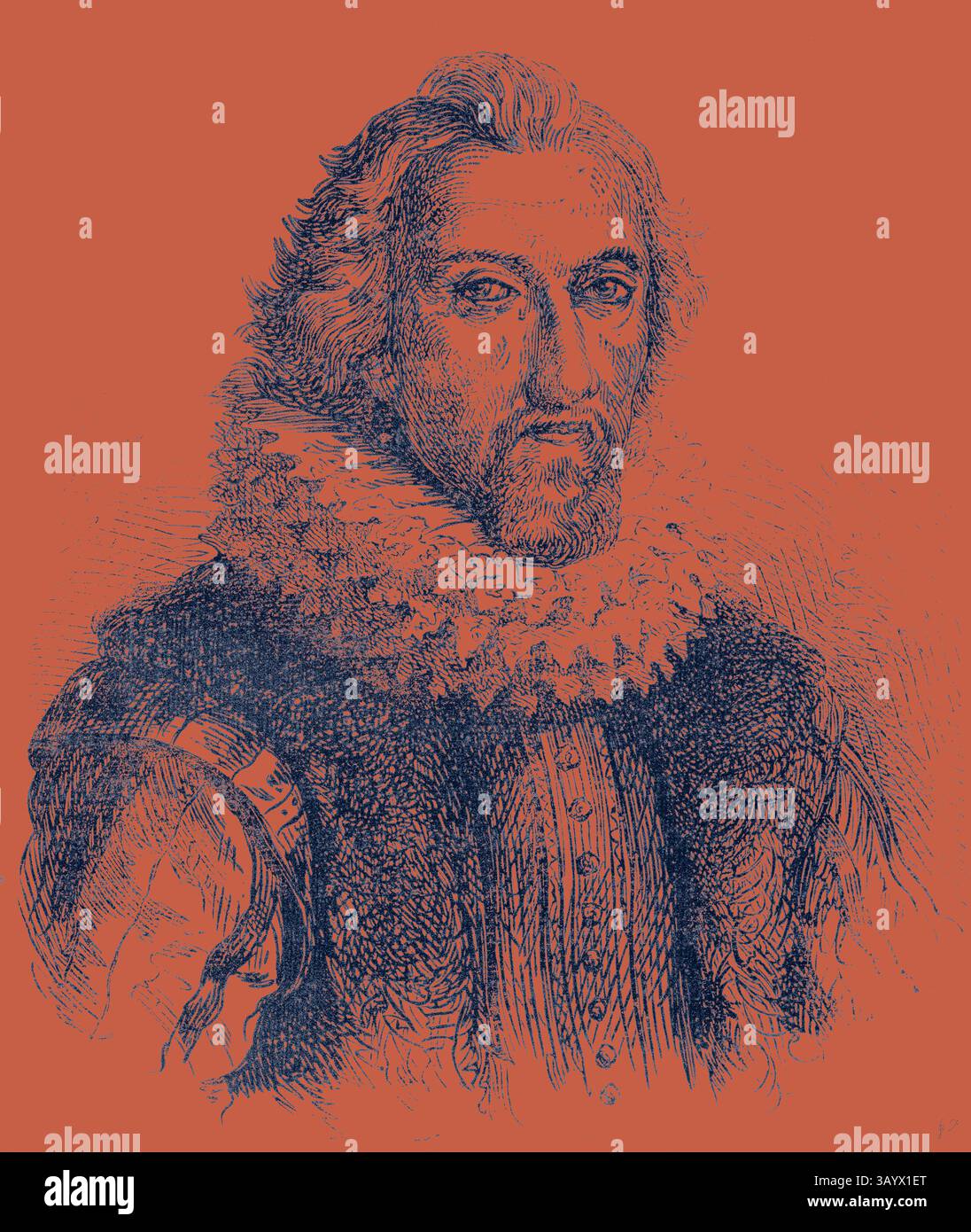 A historical figure dressed in elaborate attire, featuring a ...