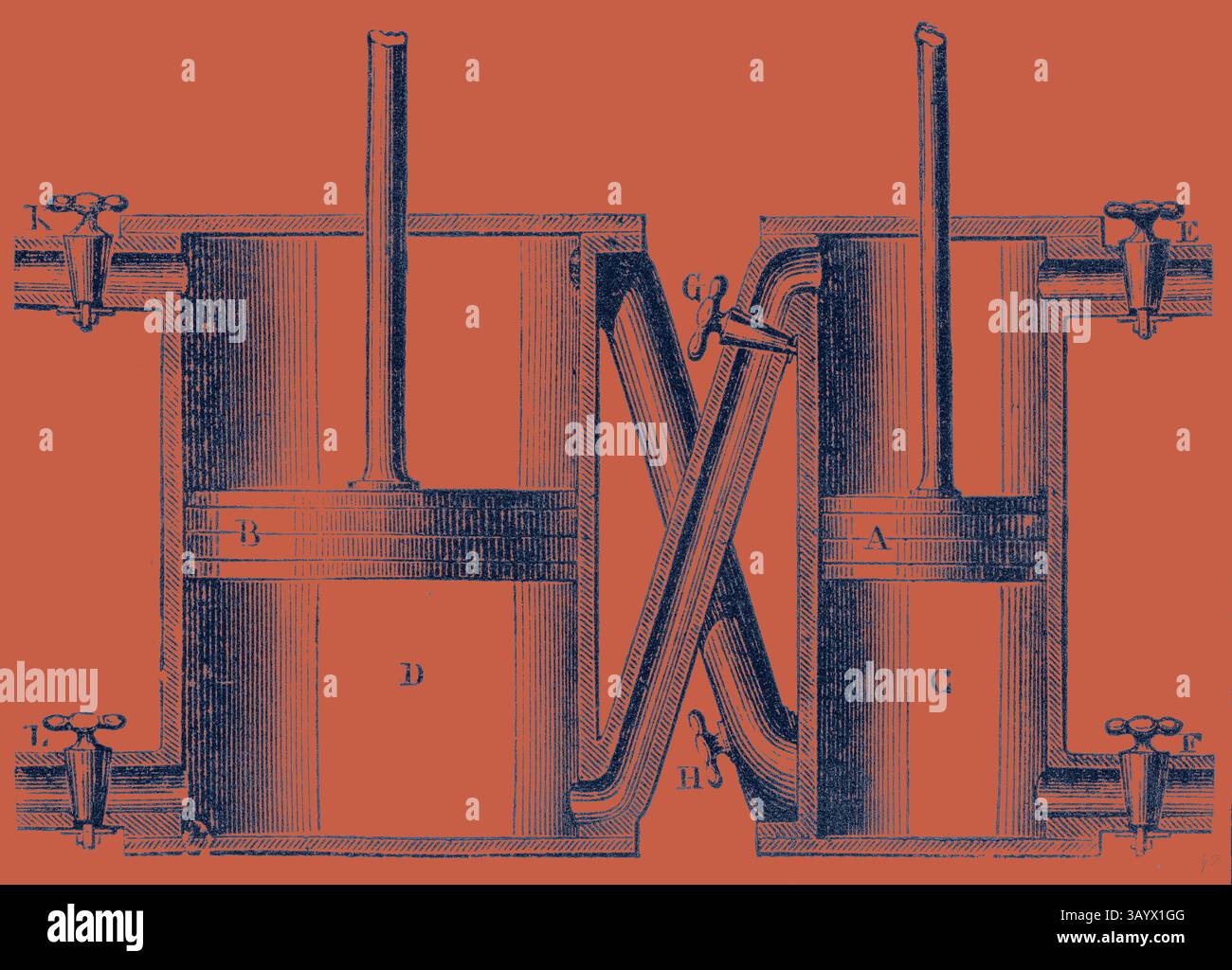 An intricate illustration of a mechanical device featuring ...