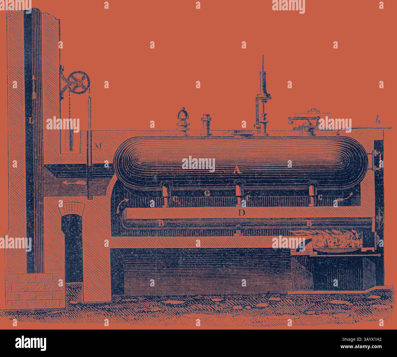 An intricate illustration of a large steam engine, featuring labeled ...