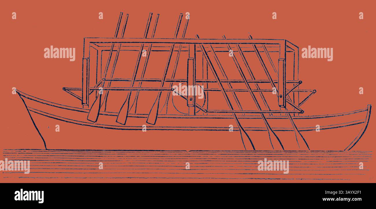 A boat featuring a unique structure with a framework of vertical and ...
