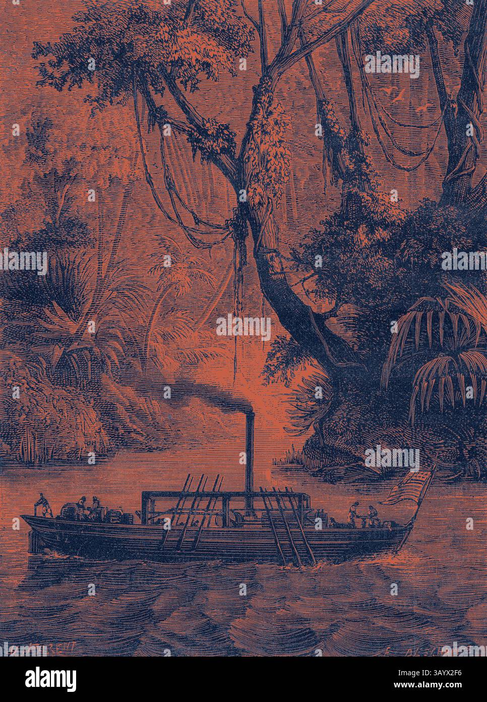 A steam-powered boat navigates through a dense, tropical river ...