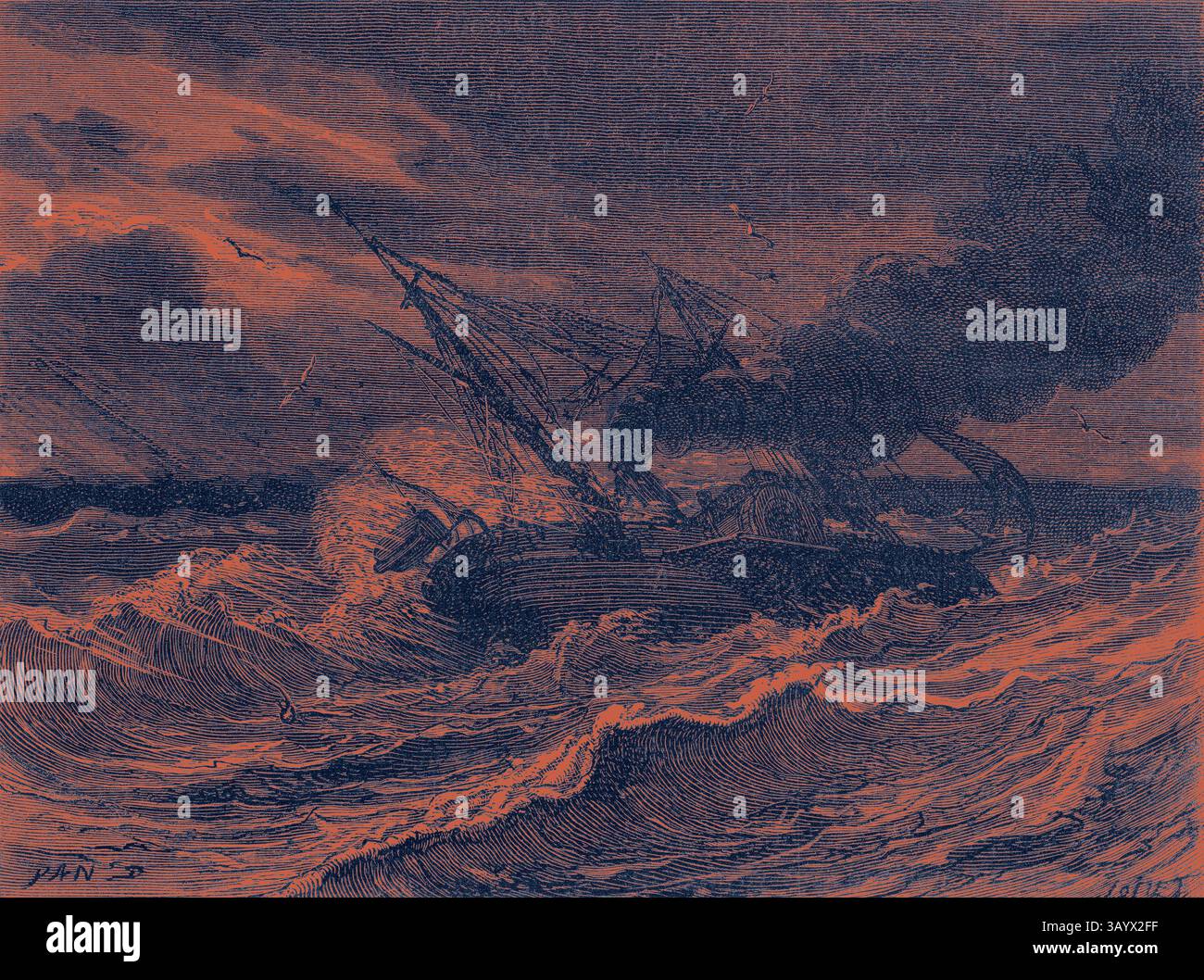 A tumultuous sea scene depicts a struggling ship battling fierce waves ...