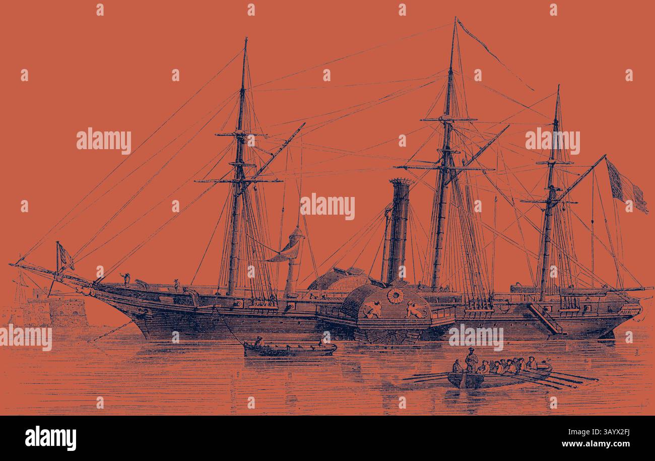 A detailed illustration of a steam-powered ship with multiple masts ...