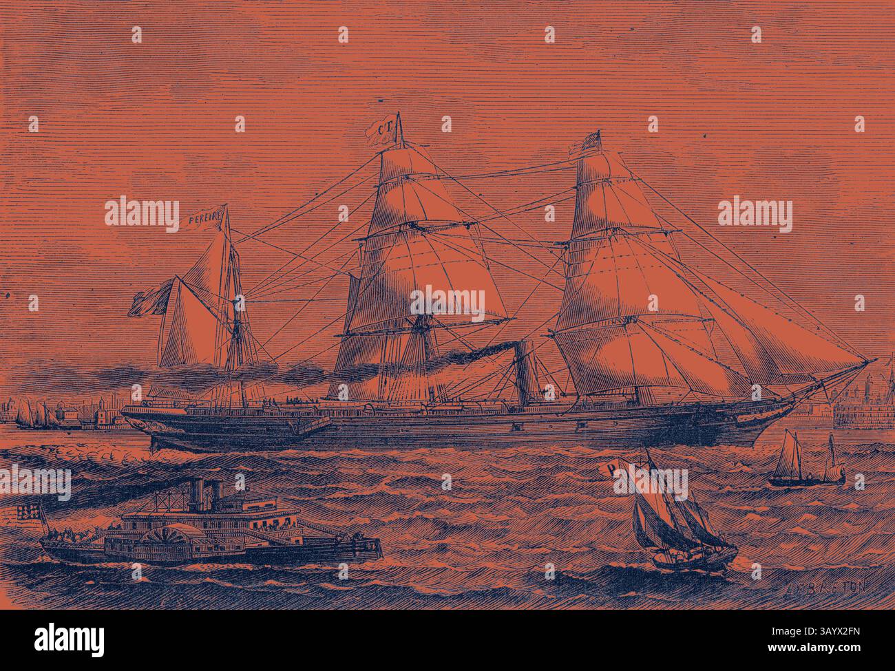 A majestic sailing ship with towering masts navigates through choppy ...